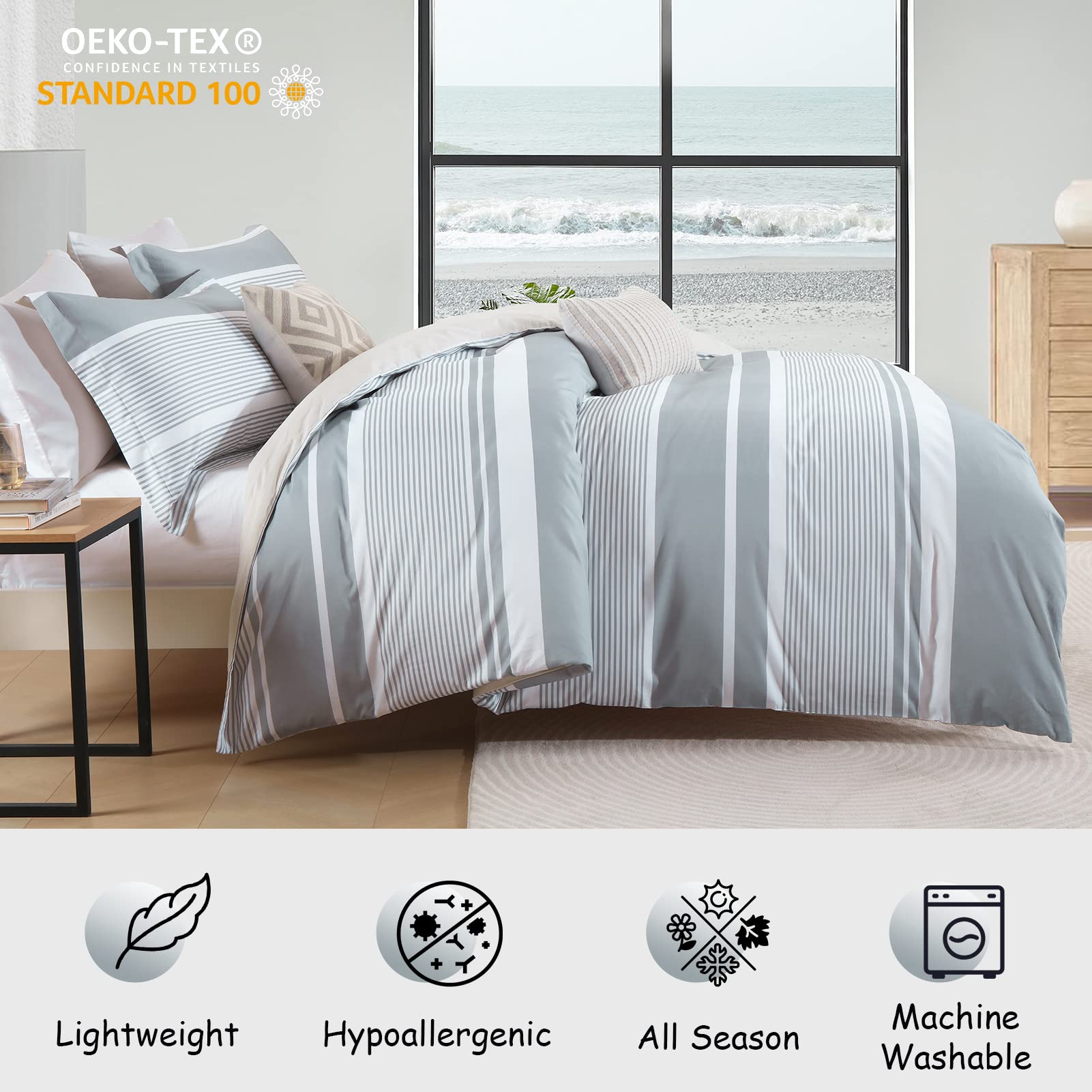 Bedduvit Striped King Duvet Cover Set - 100% Cotton Blue-Gray Duvet Cover King Size, 3 Pieces Grey Stripe Duvet Cover Set, Simple Modern Bedding Comforter Cover with Zipper Closure & 8 Ties, 104"x90"