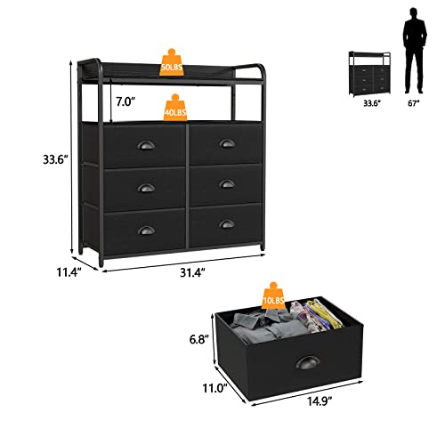 Furologee 6 Drawer Dresser Fabric, Double Shelf Black Closet Organizer Storage Tower Unit for Bedroom, Living Room Entryway, Rustic Bins, Sturdy Metal Frame