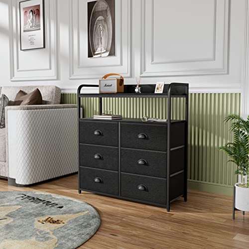 Furologee 6 Drawer Dresser Fabric, Double Shelf Black Closet Organizer Storage Tower Unit for Bedroom, Living Room Entryway, Rustic Bins, Sturdy Metal Frame