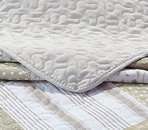 SLPR Silent Reverie 50" x 60" Throw: Reversible Quilted Blanket for Summer, Floral Tan Quilt, Lightweight Lap Comforter, Stripes and Flowers Coverlet, Spring Couch Throw, Soft and Comfortable Throw