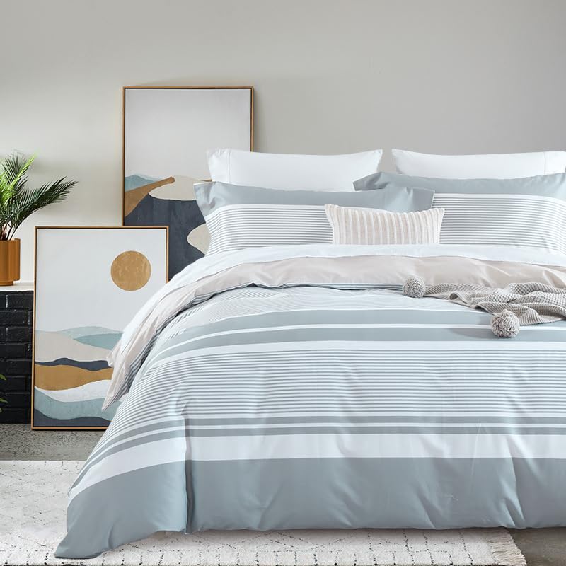 Bedduvit Striped King Duvet Cover Set - 100% Cotton Blue-Gray Duvet Cover King Size, 3 Pieces Grey Stripe Duvet Cover Set, Simple Modern Bedding Comforter Cover with Zipper Closure & 8 Ties, 104"x90"