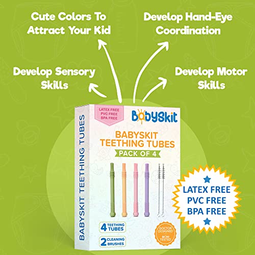 BABYSKIT Flexible Hollow Teething Tubes for Infants - Easy to Hold and Clean Teething Straws for Babies, Safe Hallowed Teething Tube for Babies Quality Teething Tubes for Babies 6-12 Months (4 Tubes)
