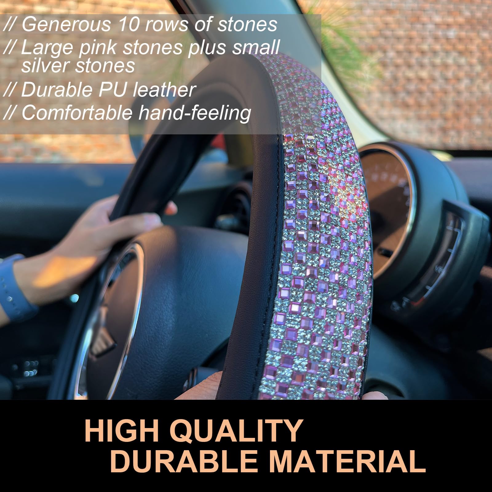 PINCTROT Bling Bling Comfy Steering Wheel Cover with Jumbo Crystal Rhinestones, Anti-Slip Diamond Leather, Universal 14.5-15 Inch (Pink)