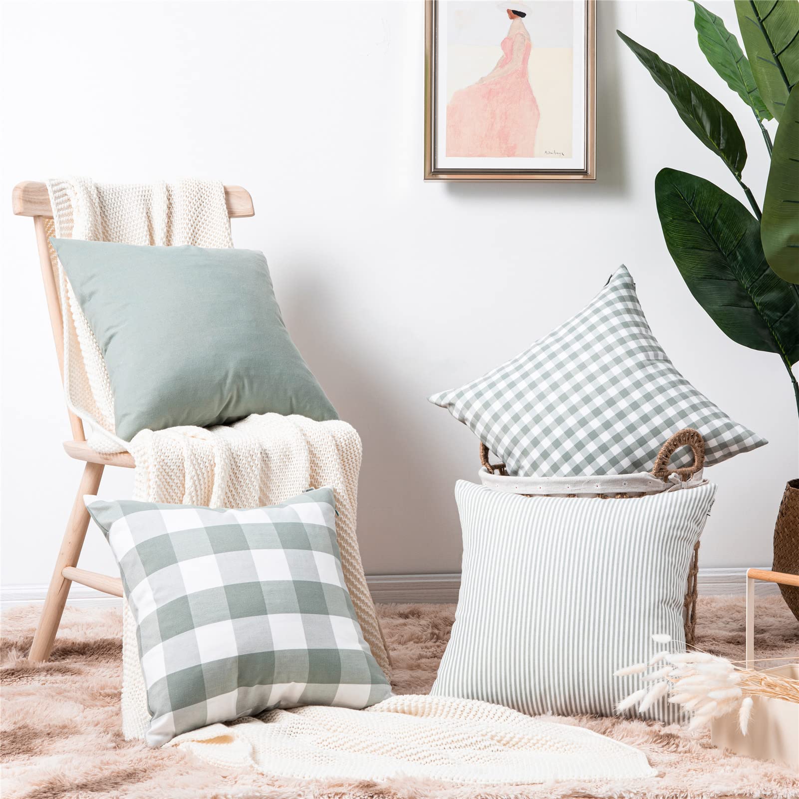 Topfinel Farmhouse Decorative Throw Pillow Covers 18x18inch Set of 4 Spring Green Cushion Case Buffalo Check Plaid Pillow Covers Canvas Striped Pillowcases for Bed Sofa Home Decor, Grey Green