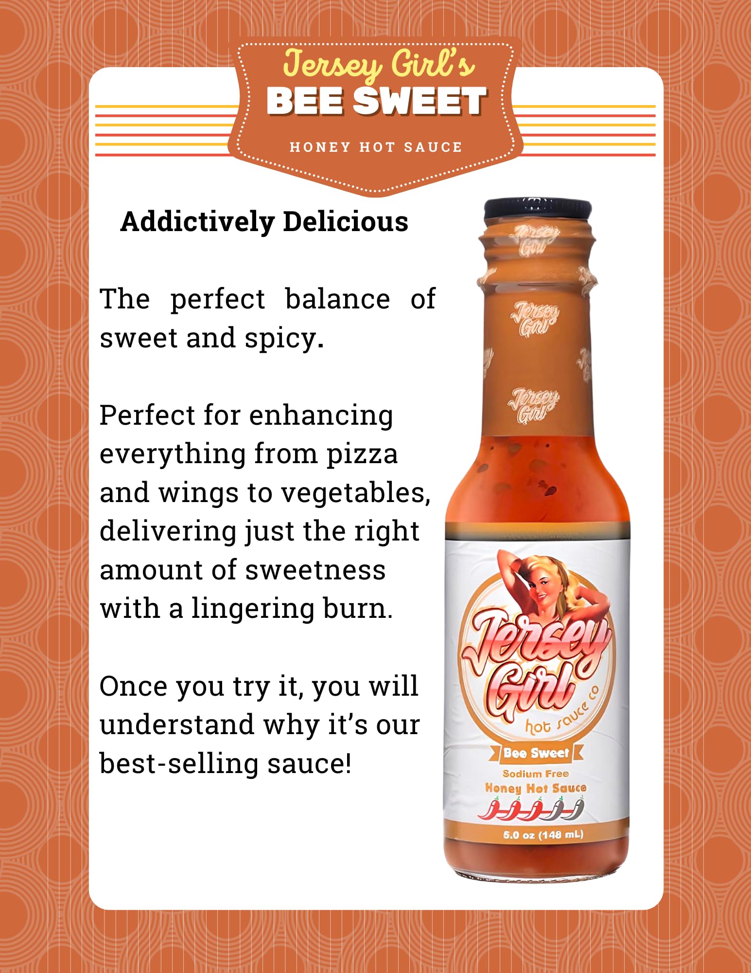 Jersey Girl (Bee Sweet Honey Hot Sauce) Trinidad Scorpion & Ghost Pepper - No Sodium/Salt Free