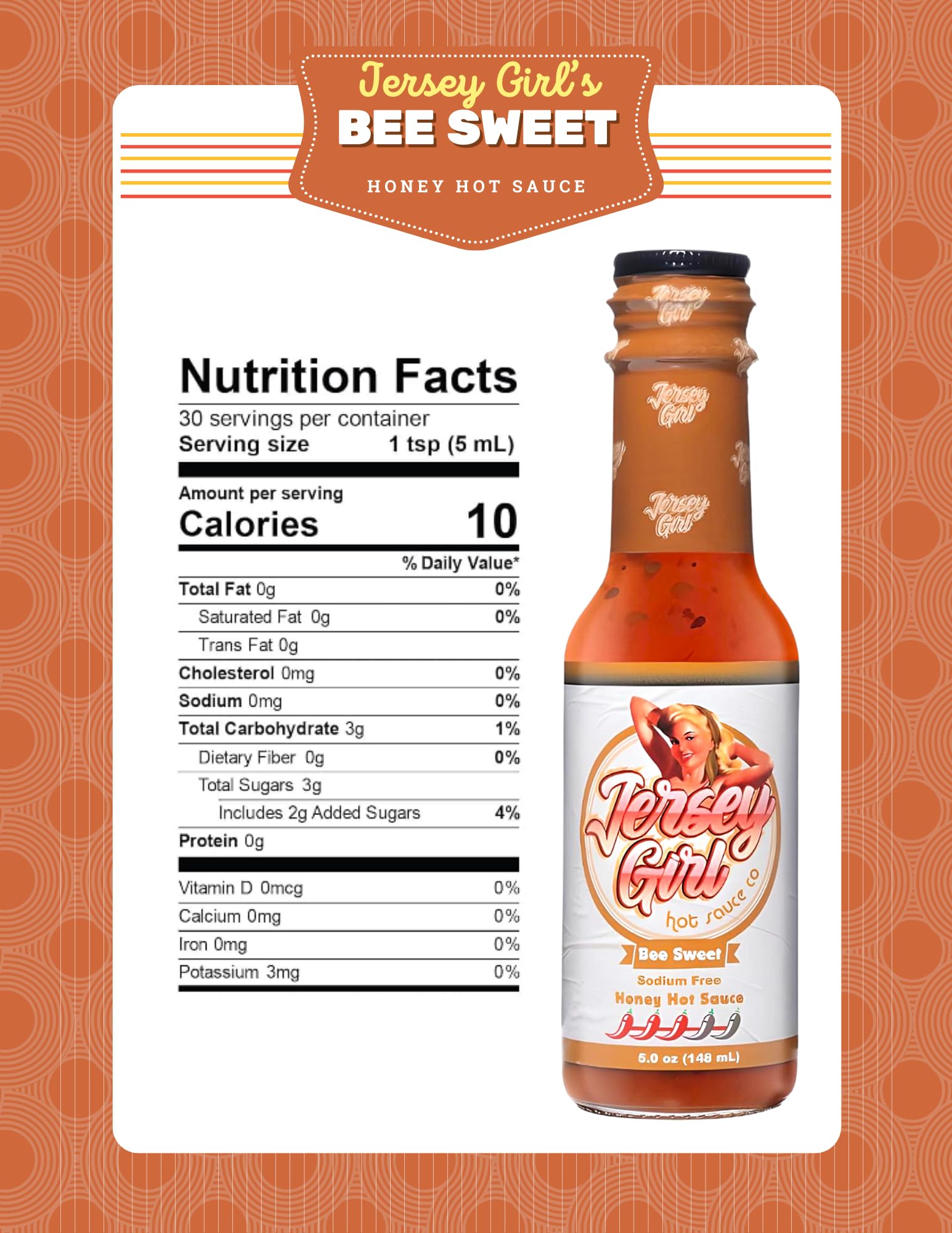 Jersey Girl (Bee Sweet Honey Hot Sauce) Trinidad Scorpion & Ghost Pepper - No Sodium/Salt Free