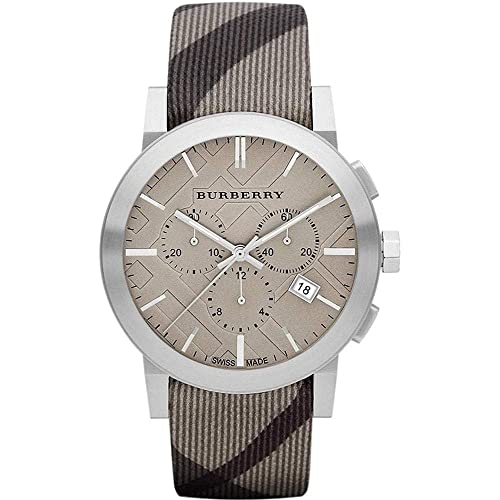 SALE! Authentic Burberry The City LUXURY Unisex Mens Womens Chronograph Watch Smoke Check Fabric Backed Leather Band Tan Engraved Date Dial BU9358