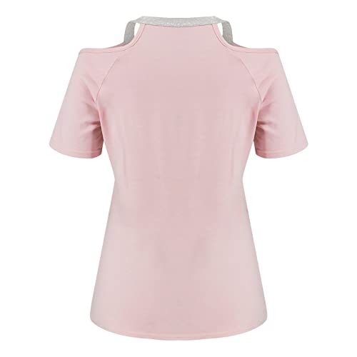 Women Cold Shoulder V-Neck Short Sleeve Loose Fit Summer Shirt Cute Graphic Print Blouse Slim FIt Easter Tops Pink