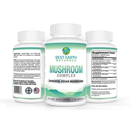 Best Earth Naturals Mushroom Complex - Vegan Formula with Lion’s Mane, Reishi, Chaga, Maitake, and Shiitake Mushrooms - 30 Day Supply