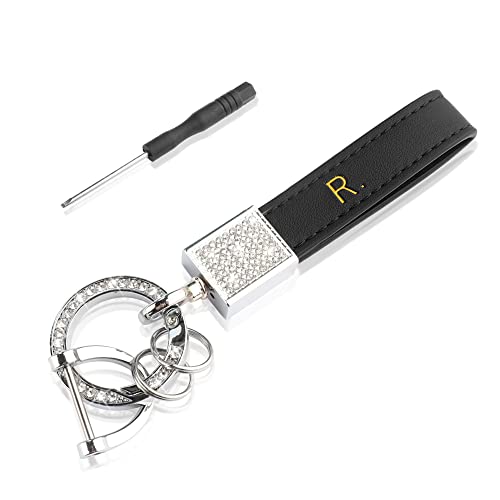 Leather Keychain Bling Keychain for Women Anti-Lost D-Ring Car Keychain Fashion Rhinestone Purse Charms for Handbags (Black)