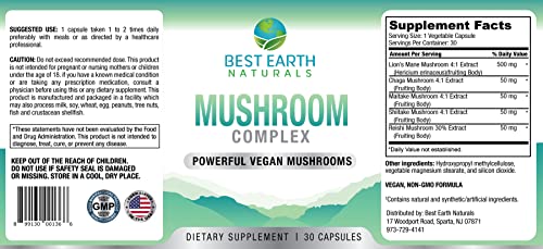 Best Earth Naturals Mushroom Complex - Vegan Formula with Lion’s Mane, Reishi, Chaga, Maitake, and Shiitake Mushrooms - 30 Day Supply