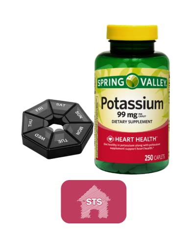 Spring Valley Potassium 99 mg, Caplets for Heart, Nerve & Muscle Function, 250 Count + Weekly Pill Organizer, Portable Travel Pill Box Dispenser Medicine case (Seven Day) by STS. Home