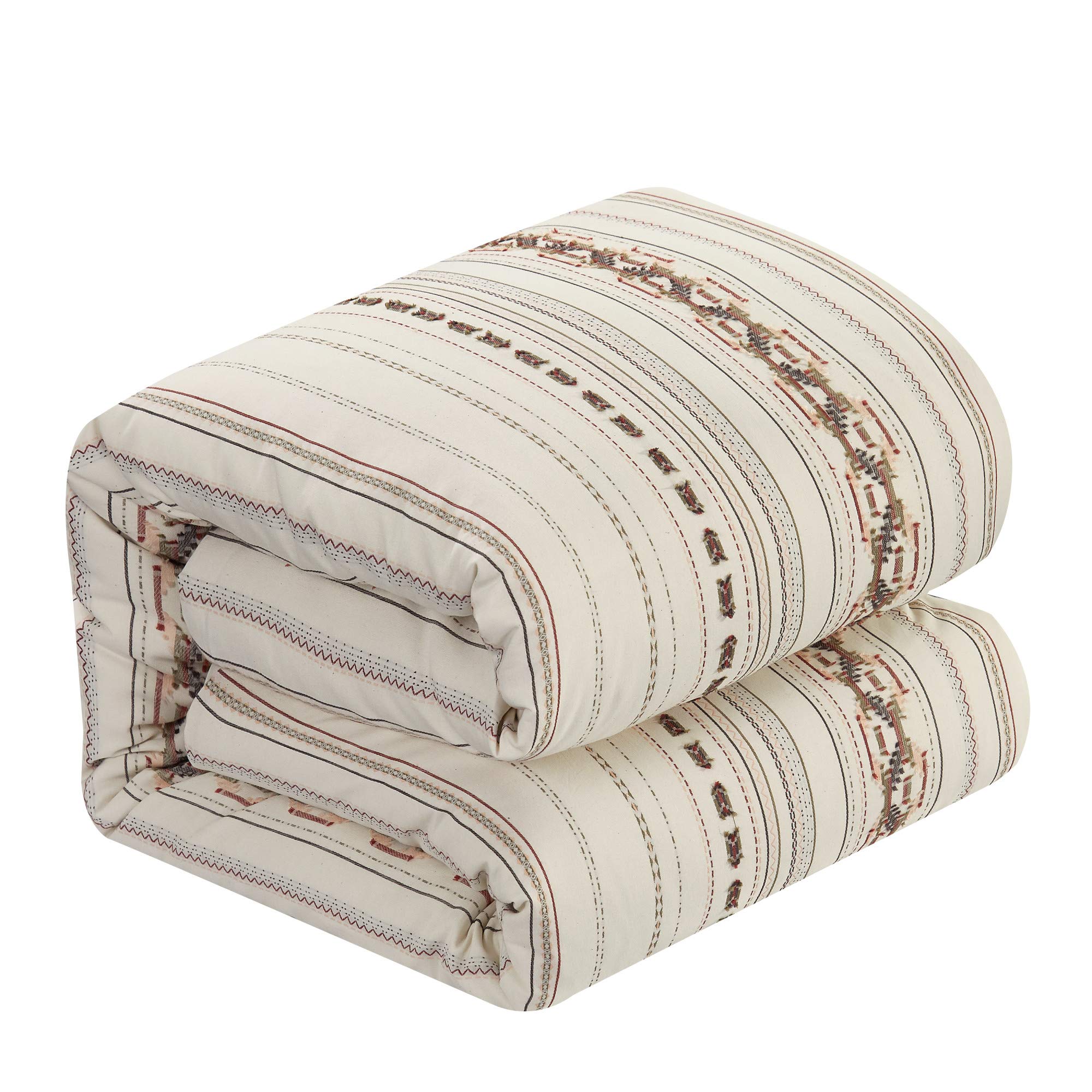 Chic Home Hewitt 5 Piece Cotton Comforter Set Farmhouse Theme Striped Pattern Design Bedding, King,Beige