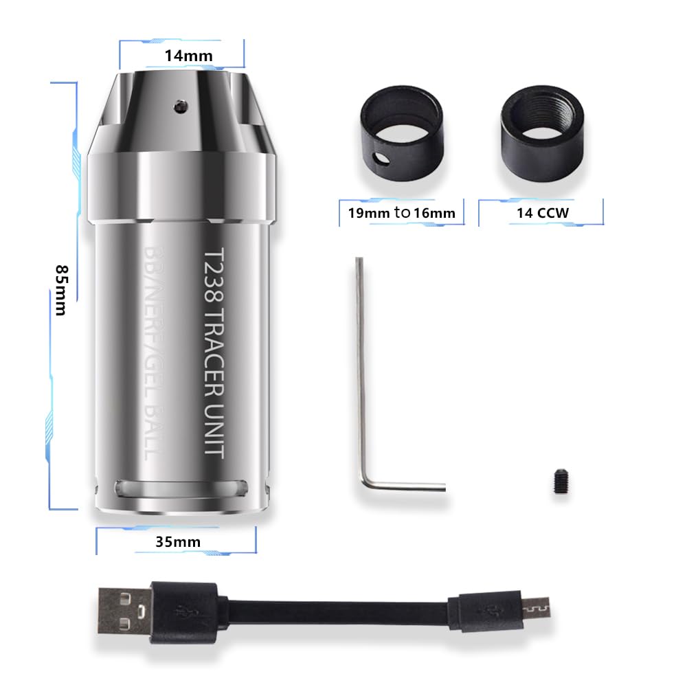 T238-Airsoft Tracer Unit, Spitfire Tactical Tracer Unit for Airsoft/NERF/Gel Blaster, 14mm Counterclockwise Threaded Adapter, 19mm to 16mm Adapter and Allen Key (Fluorescent, Silver)