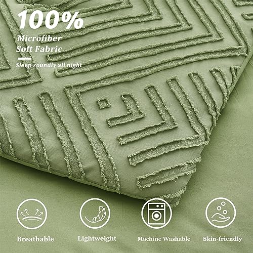 WURUIBO Green Queen Comforter Set 7 Piece Bed in a Bag,Tufted Shabby Chic Boho Bedding Comforter Sets,Soft Microfiber Textured Complete Bedding Set for All Season (Green,Queen)