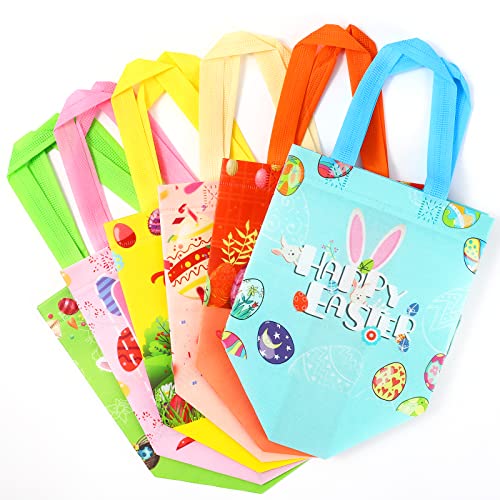 YANGTE 24Pcs Easter Bags Kid Easter Baskets with Handle, Reusable Gift Bags Easter Tote Bag Bulk Non Woven Goodie Bags Party Bags for Easter Egg Hunt Holiday Party Supplies