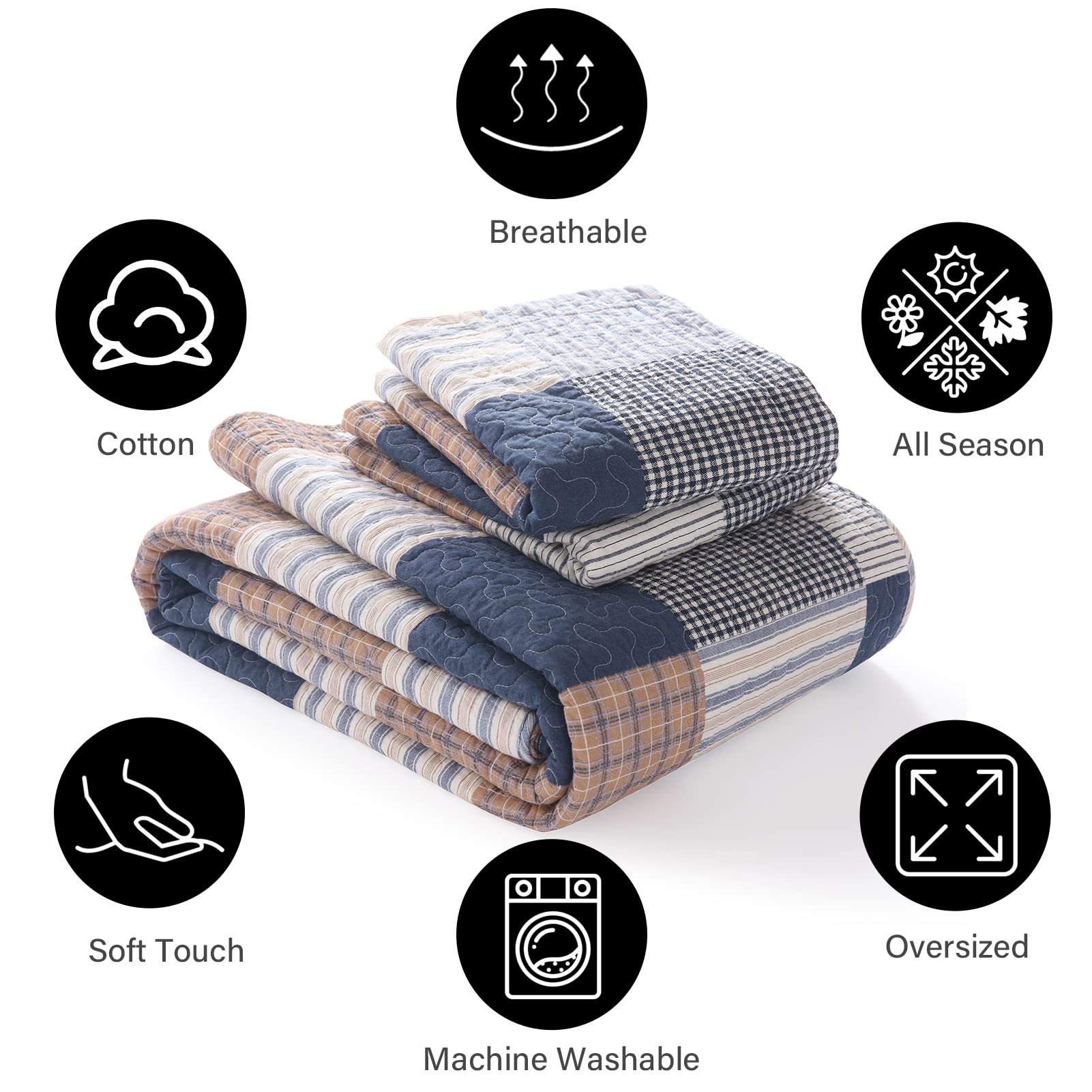 PANGUSHAN 100% Cotton Quilt Set Queen Size, Patchwork Plaid Queen Quilt Bedding Set Bedspreads, Farmhouse Lightweight Comforter Reversible Quilt, Navy/Brown/White Bed Spread for Queen Bed, 3 Pieces