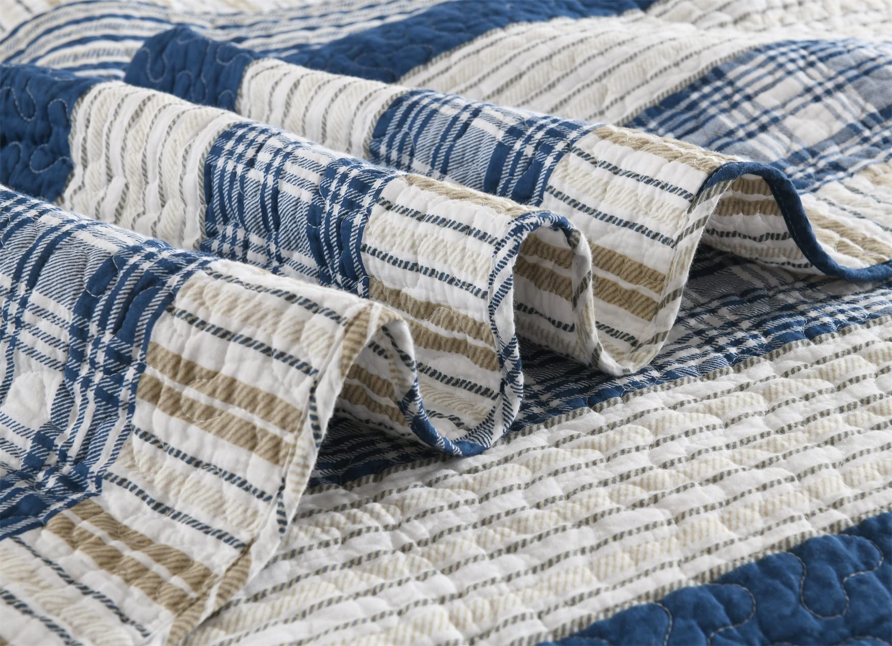 Homzard Queen Comforter Set - Blue White Tan Striped Queen Size Comforter Set,Plaid Striped Bedding Quilt, Farmhouse Bedspread, Lightweight Bedding Quilts 3 Pieces All Season