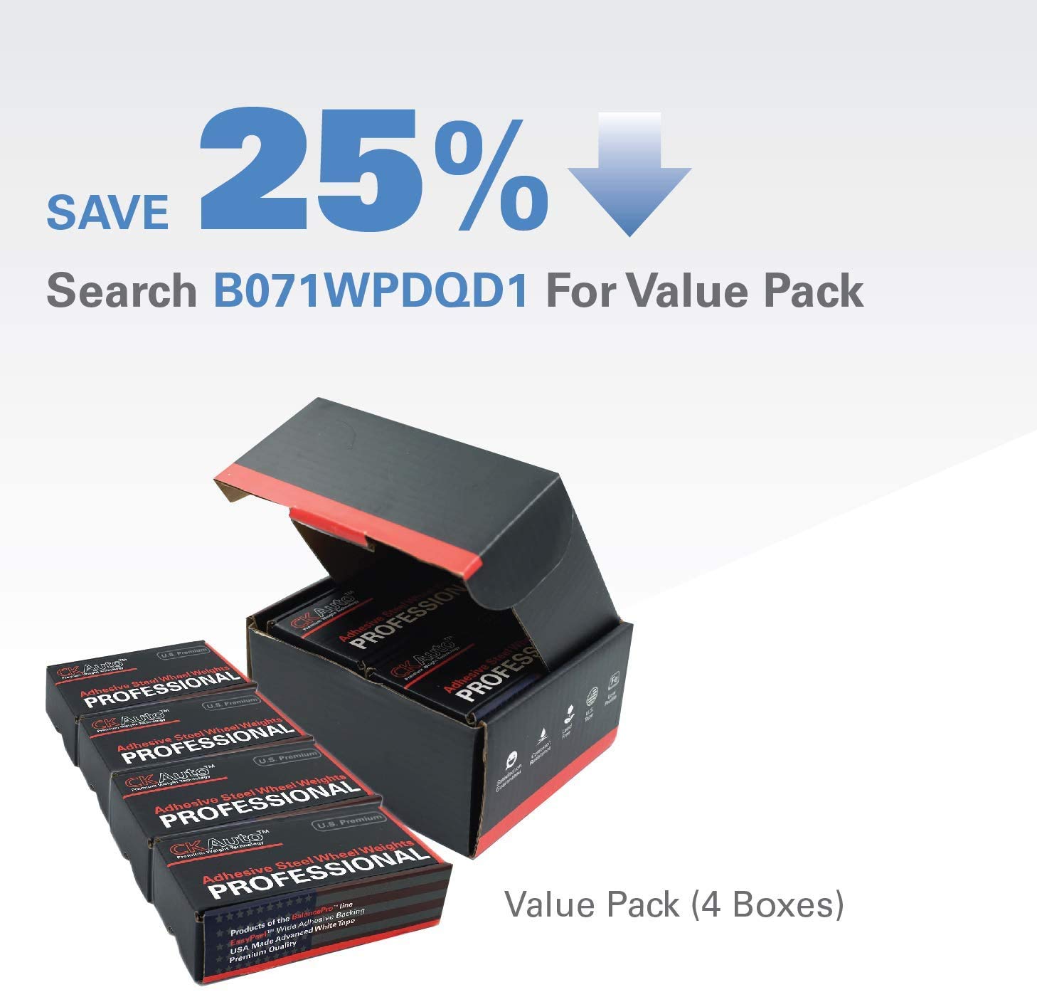 CKAuto 1/4oz, 0.25oz, Black, Adhesive Stick on Wheel Weights, EasyPeel Tape. Cars, Trucks, SUVs, Motorcycles, Low Profile, 60oz/Box, U.S. OEM Quality, (240pcs)
