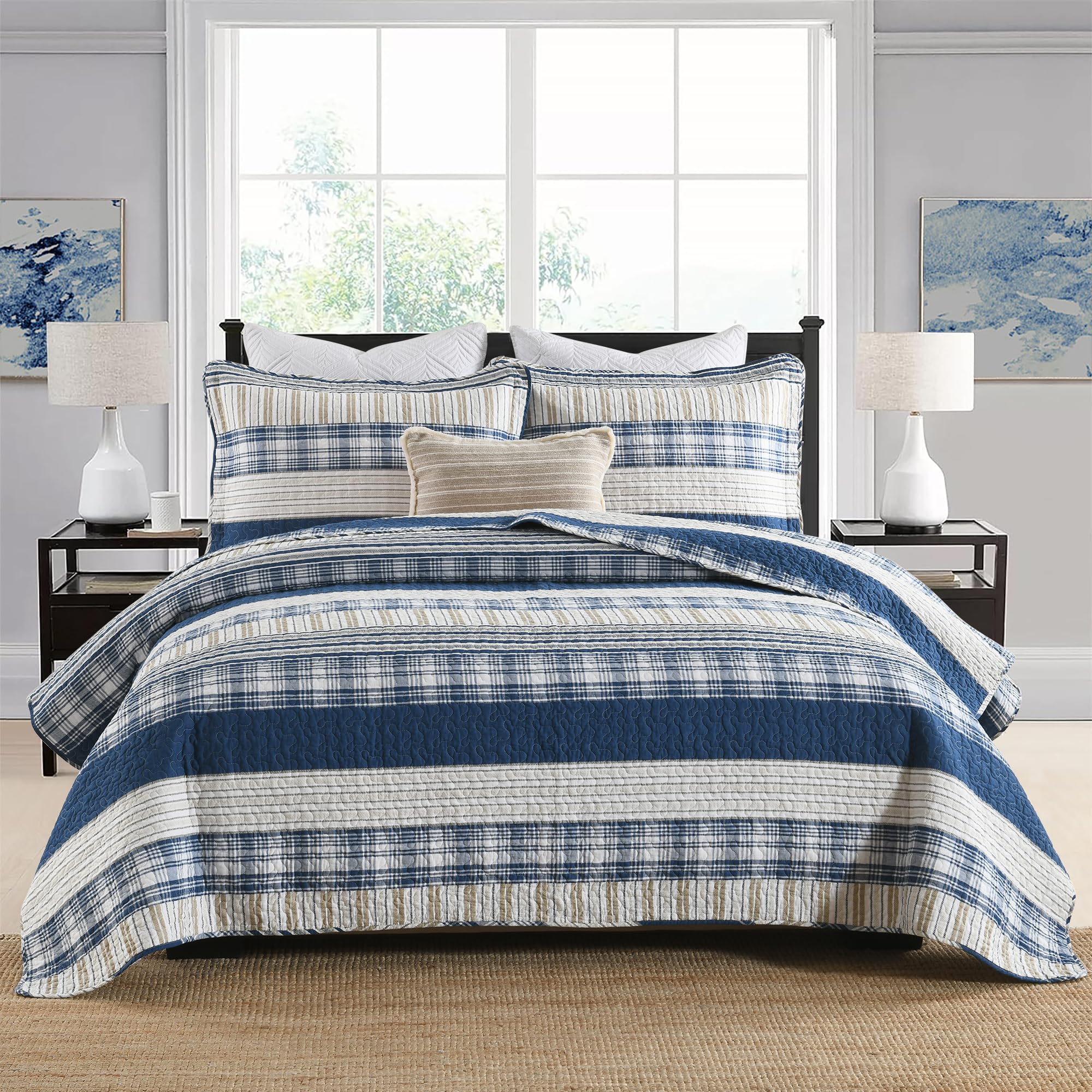 Homzard Queen Comforter Set - Blue White Tan Striped Queen Size Comforter Set,Plaid Striped Bedding Quilt, Farmhouse Bedspread, Lightweight Bedding Quilts 3 Pieces All Season