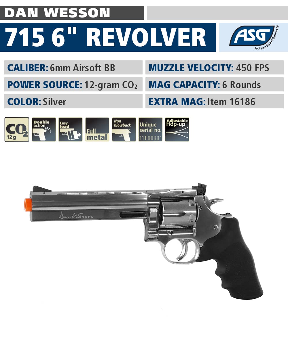 ASG Dan Wesson 715 6" Silver 6mm Airsoft Revolver - CO2 Powered, Full Metal, Adjustable Hop-Up, Double Action - Includes Speed-Loader & 6 Cartridges