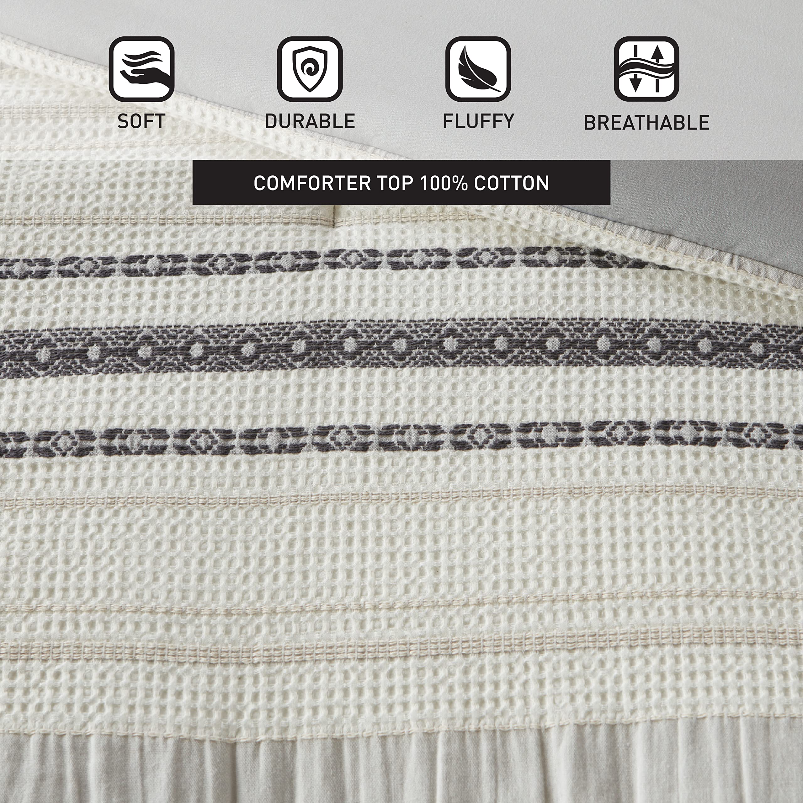 Hyde Lane Neutral Farmhouse Bedding Set, 3 Pieces Full/Queen Size Grey Comforter Sets, Cotton Top with Modern Rustic Style Stripes Including 1 Comforter 2 Pillowcases