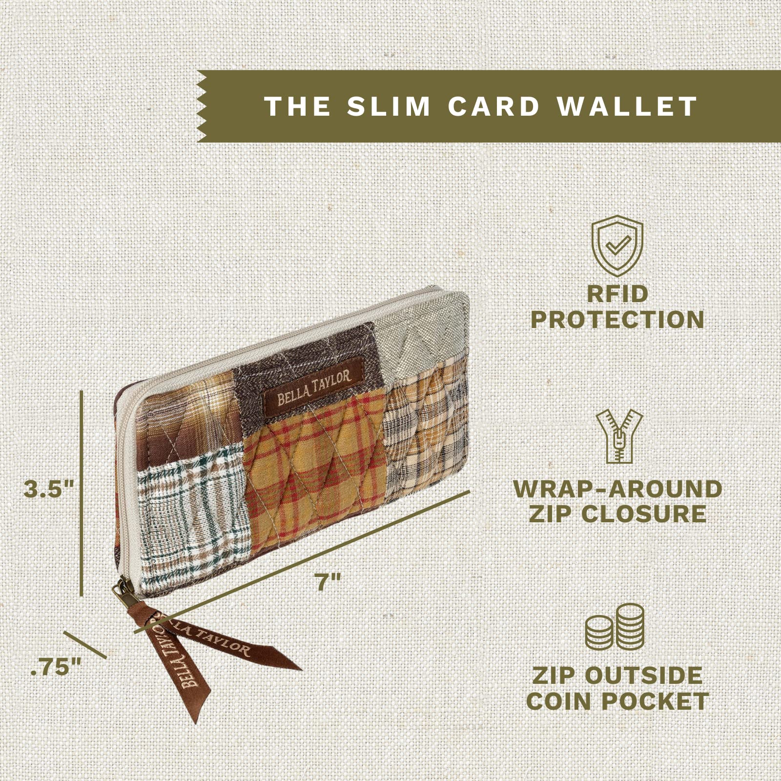Bella Taylor Slim Card Wallet for Women | Multi Card Zip Around Wallet with RFID Protection | Quilted Cotton Rory Tan and Brown Patchwork