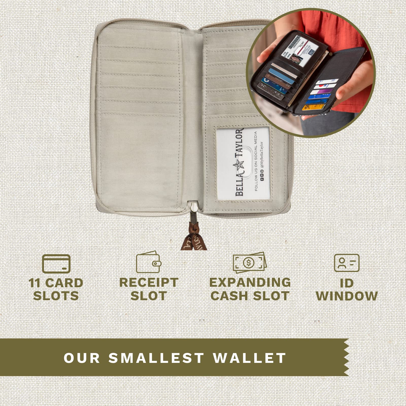 Bella Taylor Slim Card Wallet for Women | Multi Card Zip Around Wallet with RFID Protection | Quilted Cotton Rory Tan and Brown Patchwork