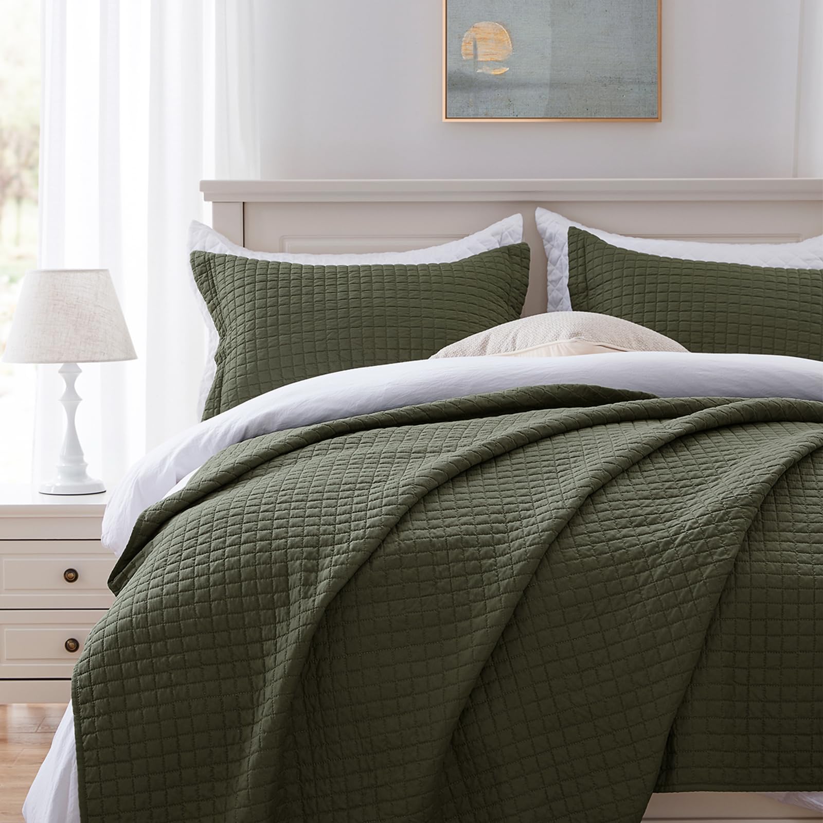 SunStyle Home Olive Green Quilt, Queen Size Quilt Set Lightweight Bedspread Full Soft Reversible Coverlet for All Season 3pcs Army Green Square Quilted Bedding Sets (1 Quilt 2 Pillow Shams)(90"x96")