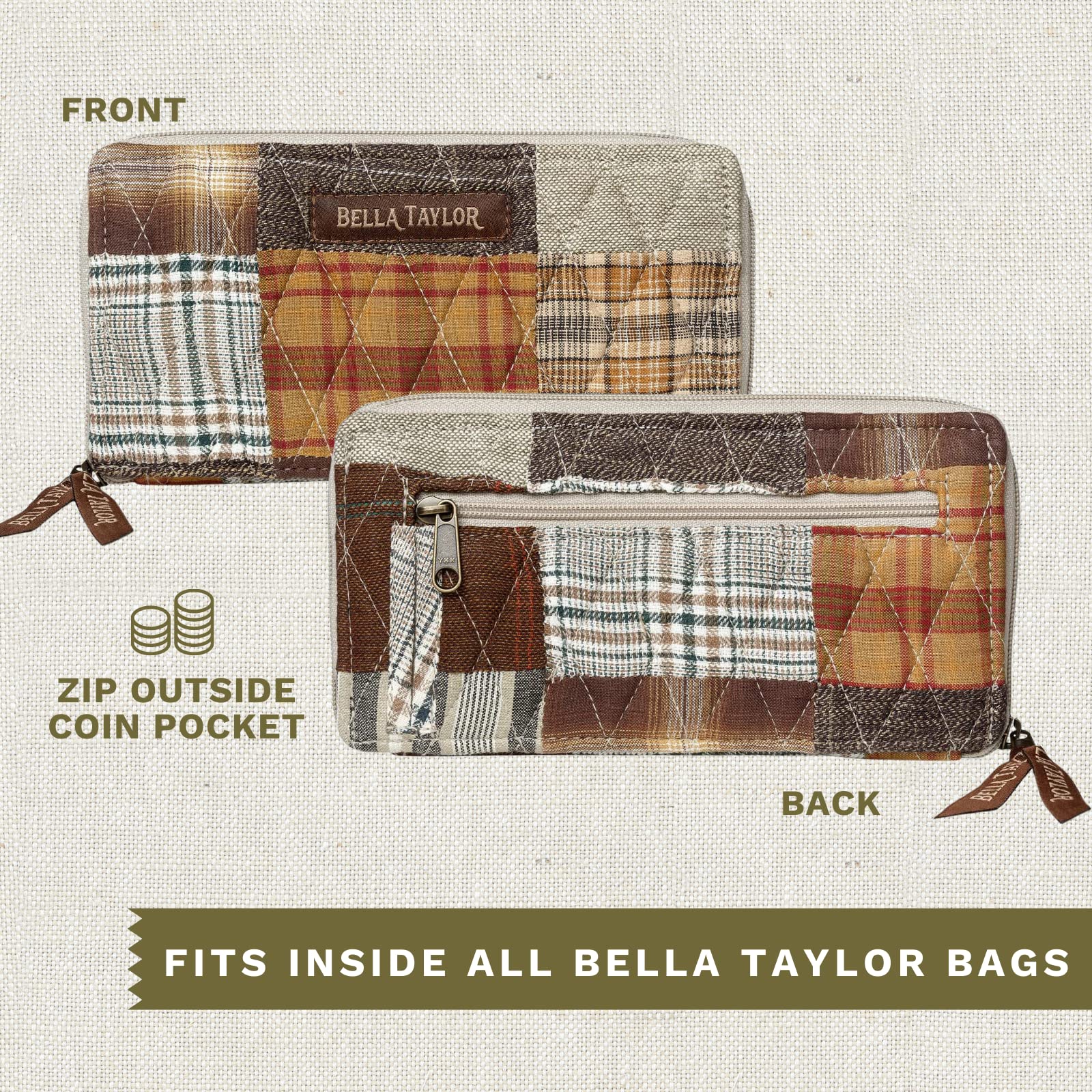 Bella Taylor Slim Card Wallet for Women | Multi Card Zip Around Wallet with RFID Protection | Quilted Cotton Rory Tan and Brown Patchwork