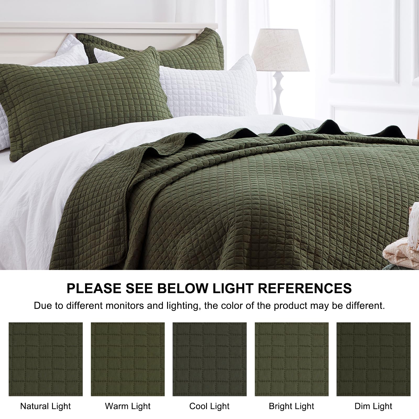 SunStyle Home Olive Green Quilt, Queen Size Quilt Set Lightweight Bedspread Full Soft Reversible Coverlet for All Season 3pcs Army Green Square Quilted Bedding Sets (1 Quilt 2 Pillow Shams)(90"x96")