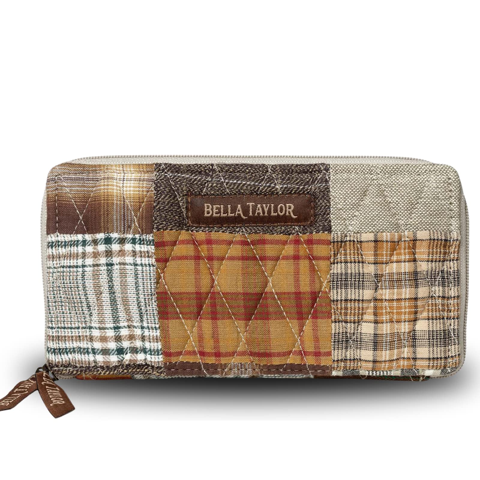 Bella Taylor Slim Card Wallet for Women | Multi Card Zip Around Wallet with RFID Protection | Quilted Cotton Rory Tan and Brown Patchwork
