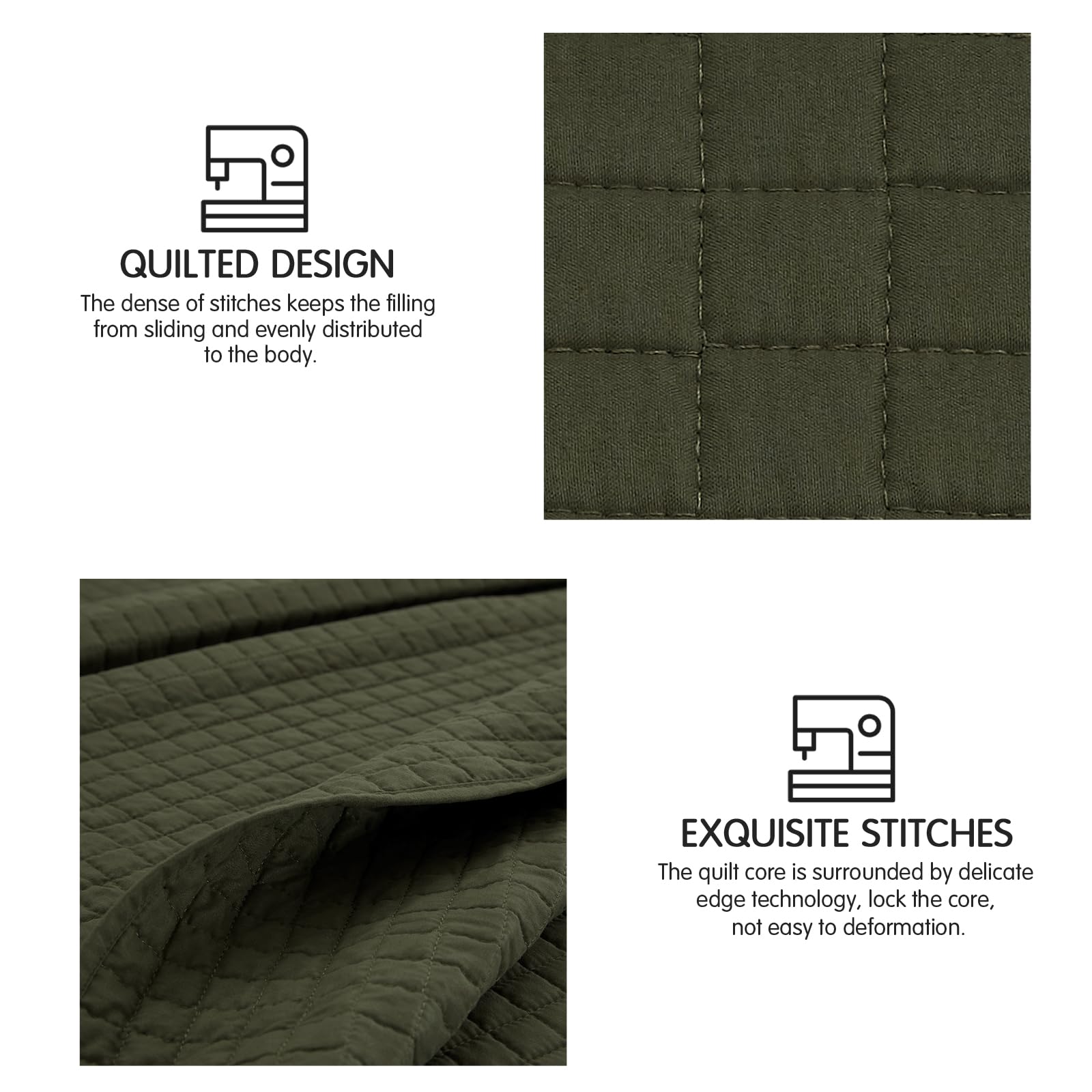 SunStyle Home Olive Green Quilt, Queen Size Quilt Set Lightweight Bedspread Full Soft Reversible Coverlet for All Season 3pcs Army Green Square Quilted Bedding Sets (1 Quilt 2 Pillow Shams)(90"x96")