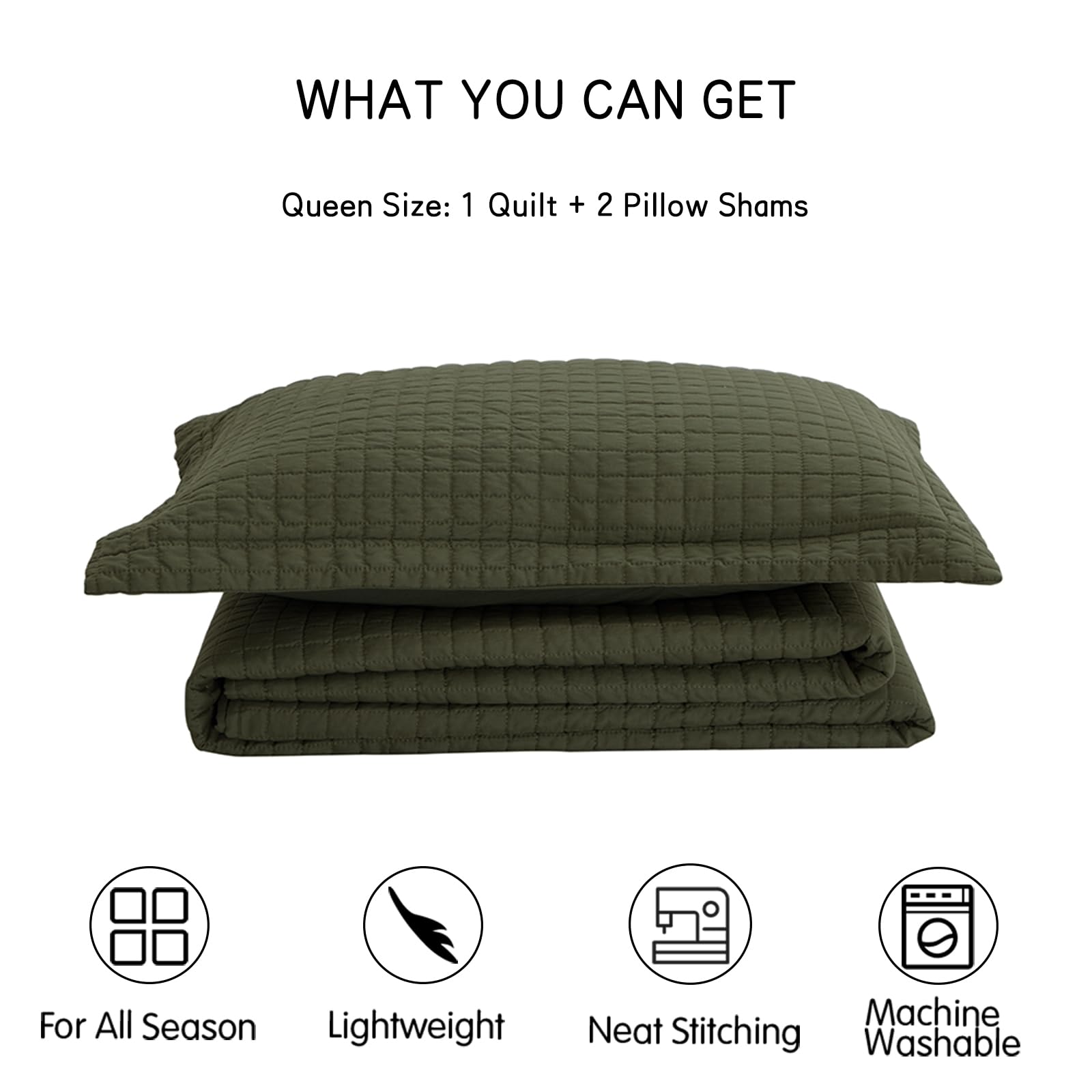 SunStyle Home Olive Green Quilt, Queen Size Quilt Set Lightweight Bedspread Full Soft Reversible Coverlet for All Season 3pcs Army Green Square Quilted Bedding Sets (1 Quilt 2 Pillow Shams)(90"x96")