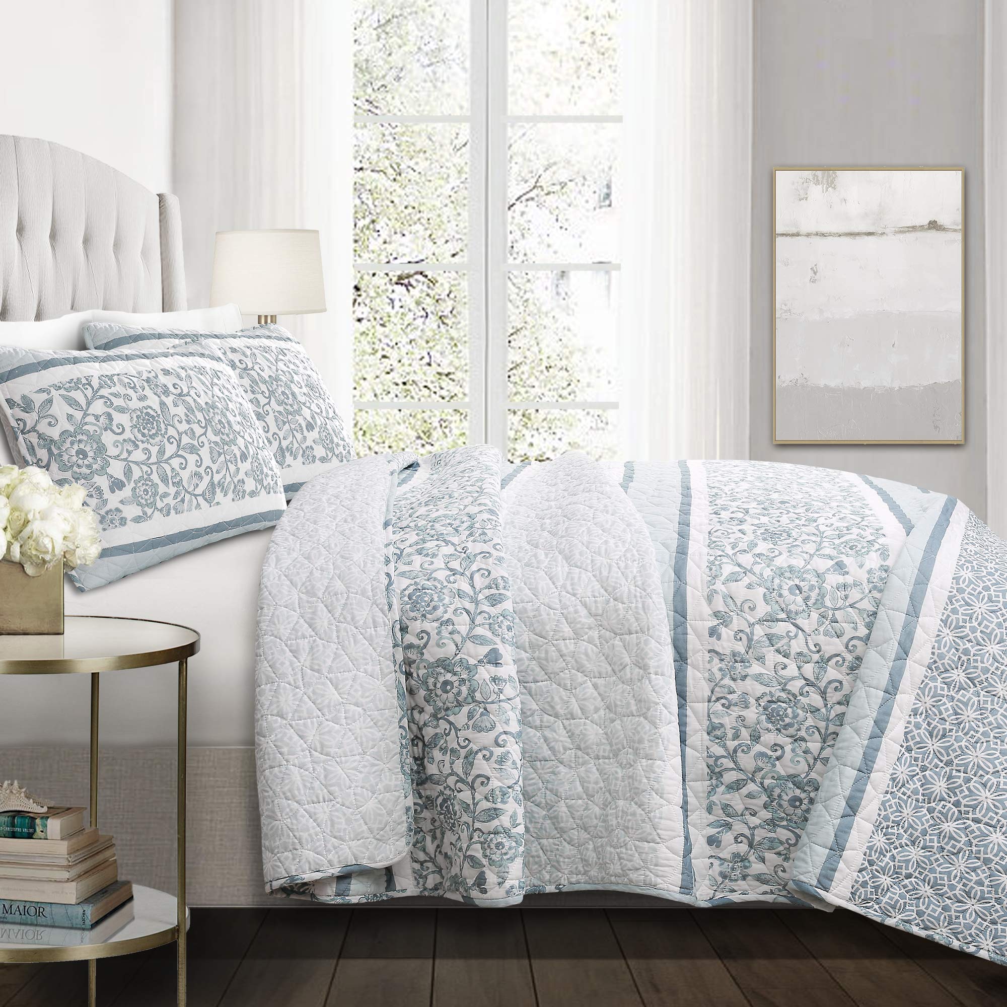Lush Decor Quilt Set, King, Nisha 3 Piece, Blue