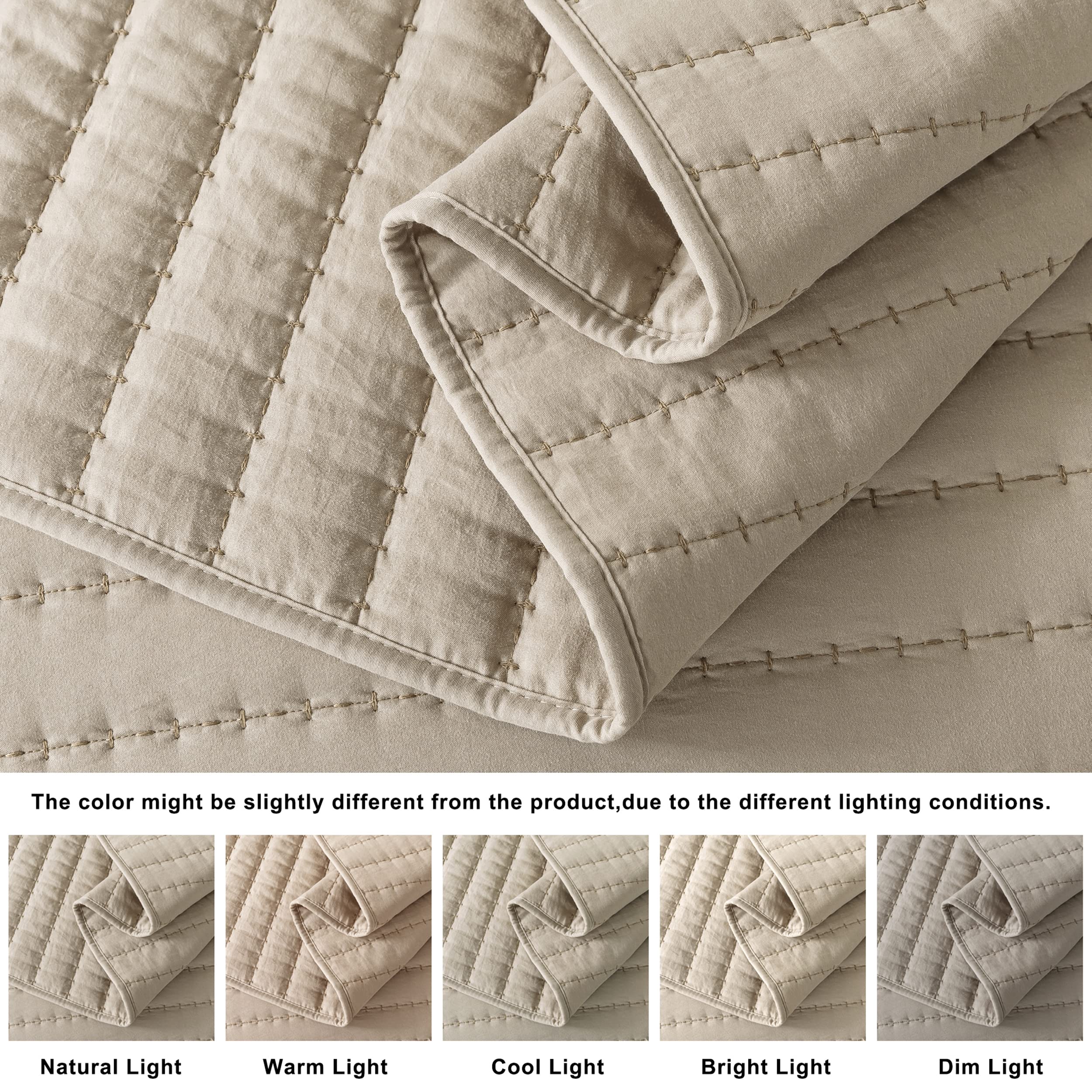 ROARINGWILD Beige Cream Tan Queen Size Quilt Bedding Sets with Pillow Shams, Full Lightweight Bedspread Coverlet, Quilted Blanket Thin Comforter Bed Cover for All Season, 3 Pieces, 90x90 inches