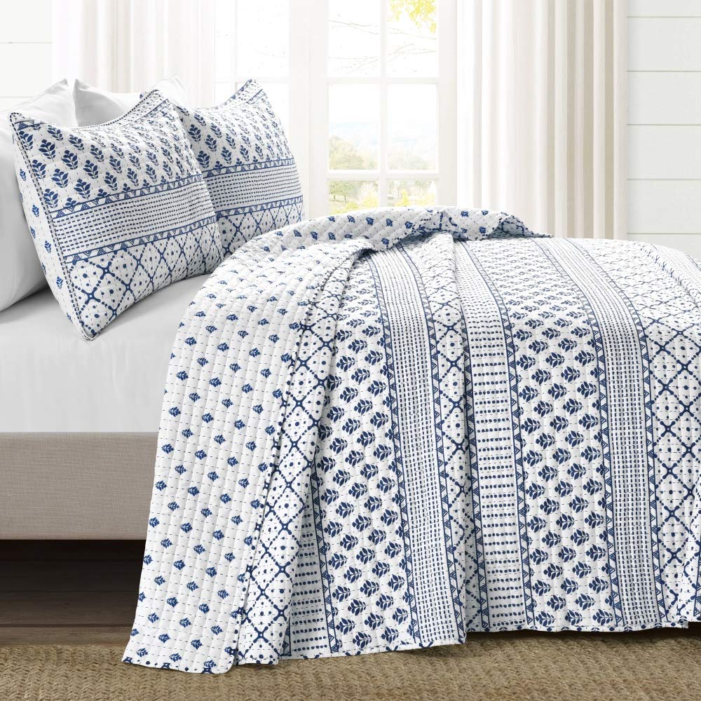 Lush Decor Monique Stripe Navy and White 3 Piece Quilt Set, King - Includes 2 Matching Pillow Shams