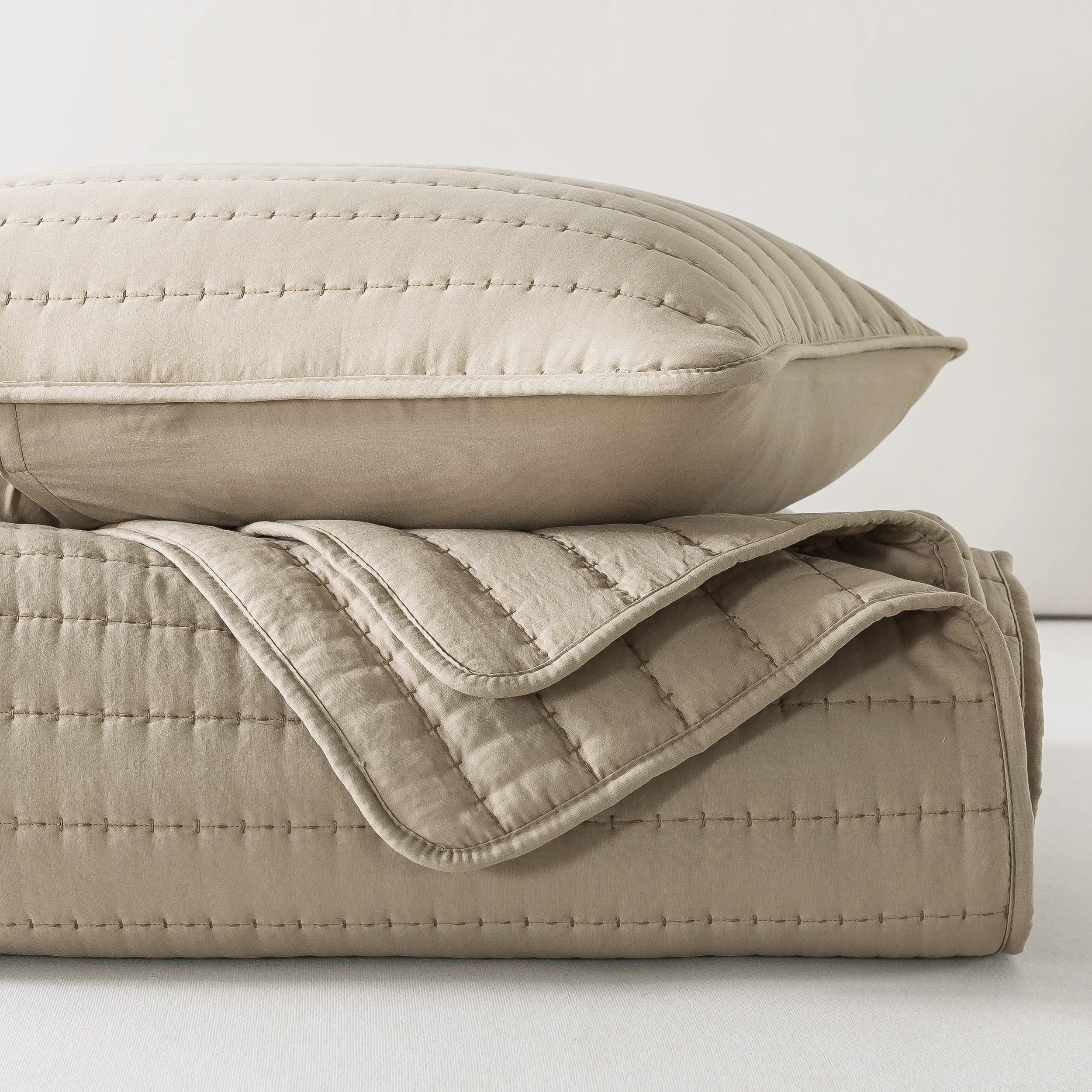 ROARINGWILD Beige Cream Tan Queen Size Quilt Bedding Sets with Pillow Shams, Full Lightweight Bedspread Coverlet, Quilted Blanket Thin Comforter Bed Cover for All Season, 3 Pieces, 90x90 inches