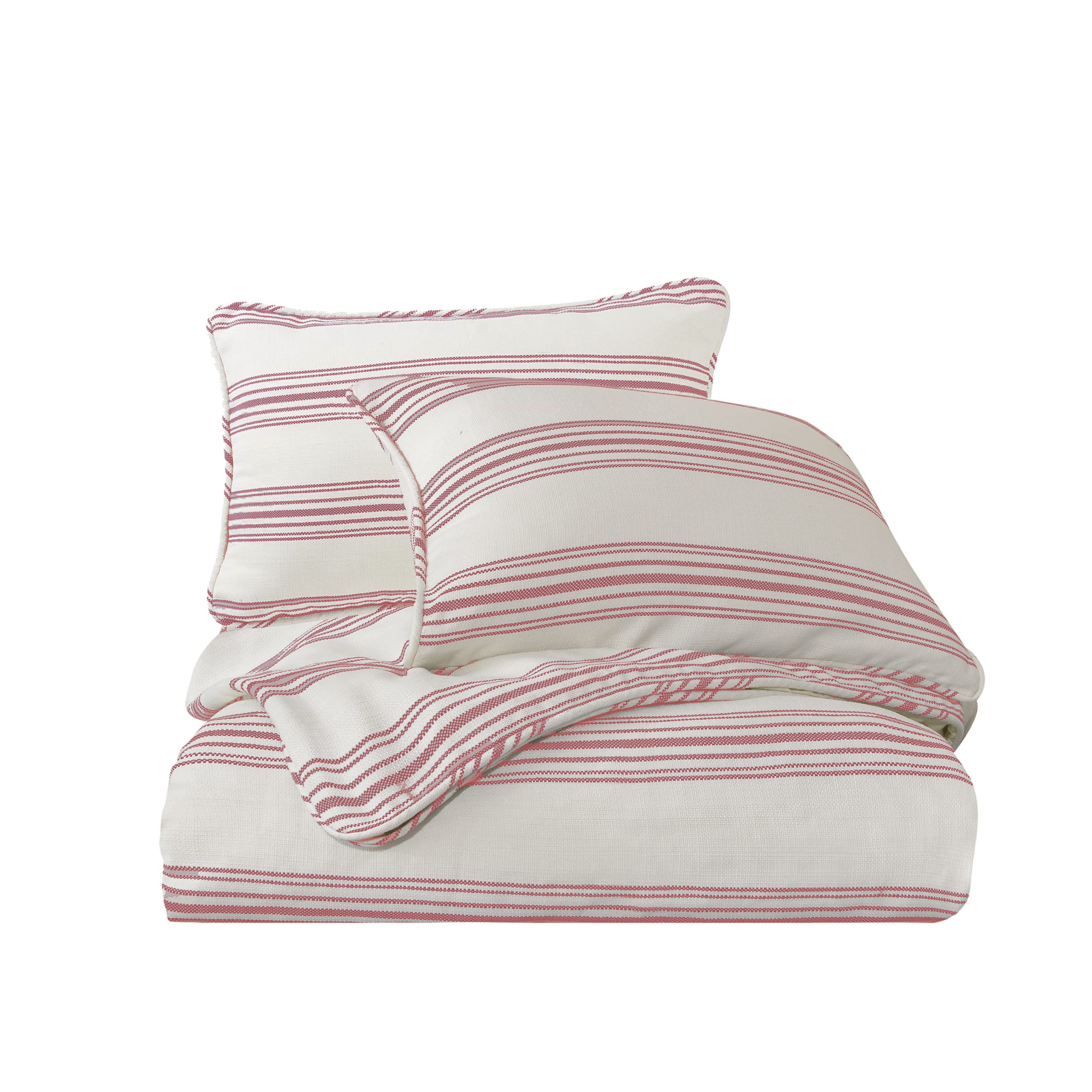 HiEnd Accents Prescott Farmhouse Bedding, 3 Piece Super Queen Size Striped Duvet Cover Set with Pillow Shams, Ivory Red Ticking Stripes Pattern Comforter Cover, Chic Casual Coastal Boho Style Bed Set