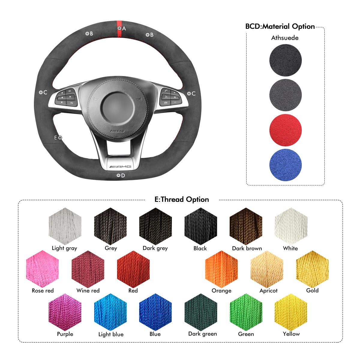 MEWANT Car Steering Wheel Cover for Benz A 45 AMG/CLA 45 AMG/C 63 AMG/E 63 AMG/GLA 45 AMG Made of New Athsuede Car Steering Wrap