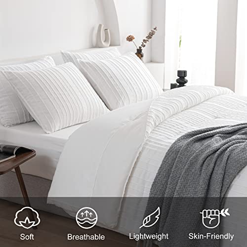 WARMDERN White Comforter Set King Size Soft Bedding Sets Boho Striped Pattern Lightweight Comforter for All Season Down Alternative Bed in A Bag 7 Piece(King, White)