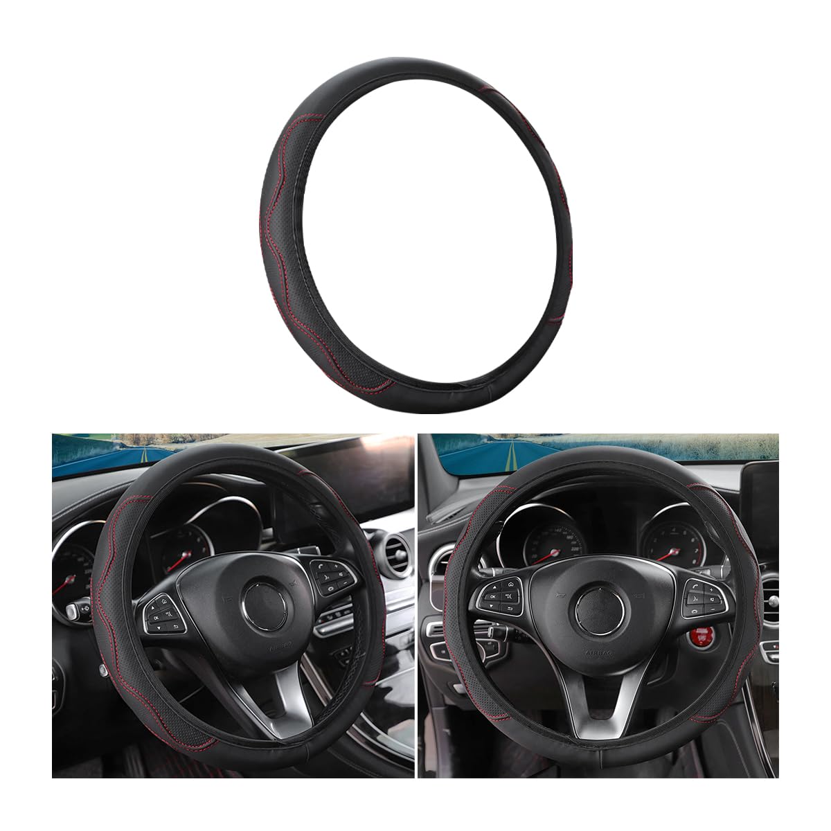 Moly Magnolia Car Steering Wheel Cover, Universal 15 inch Anti-Slip Steering Wheel Cover Trim, Breathable Microfiber Leather Auto Soft Handle Protector, Vehicle Accessories for Men Women (Red)