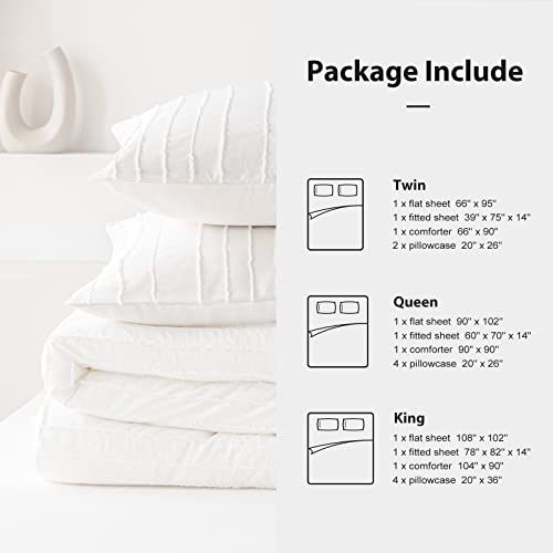 WARMDERN White Comforter Set King Size Soft Bedding Sets Boho Striped Pattern Lightweight Comforter for All Season Down Alternative Bed in A Bag 7 Piece(King, White)