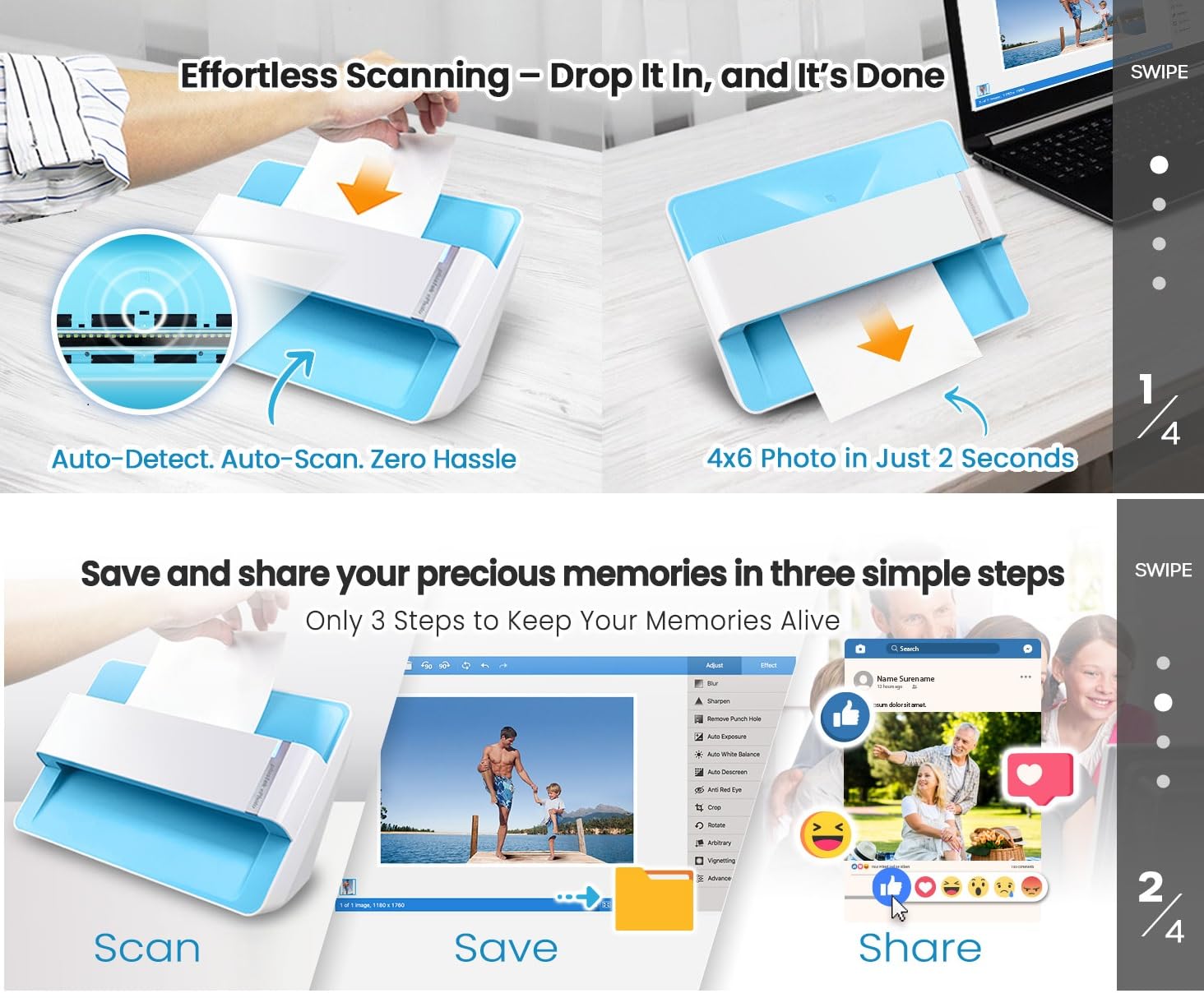 Plustek Photo Scanner - ephoto Z300, Scan 4x6 Photo in 2sec, Auto Crop and Deskew CCD Sensor. Support Mac and PC