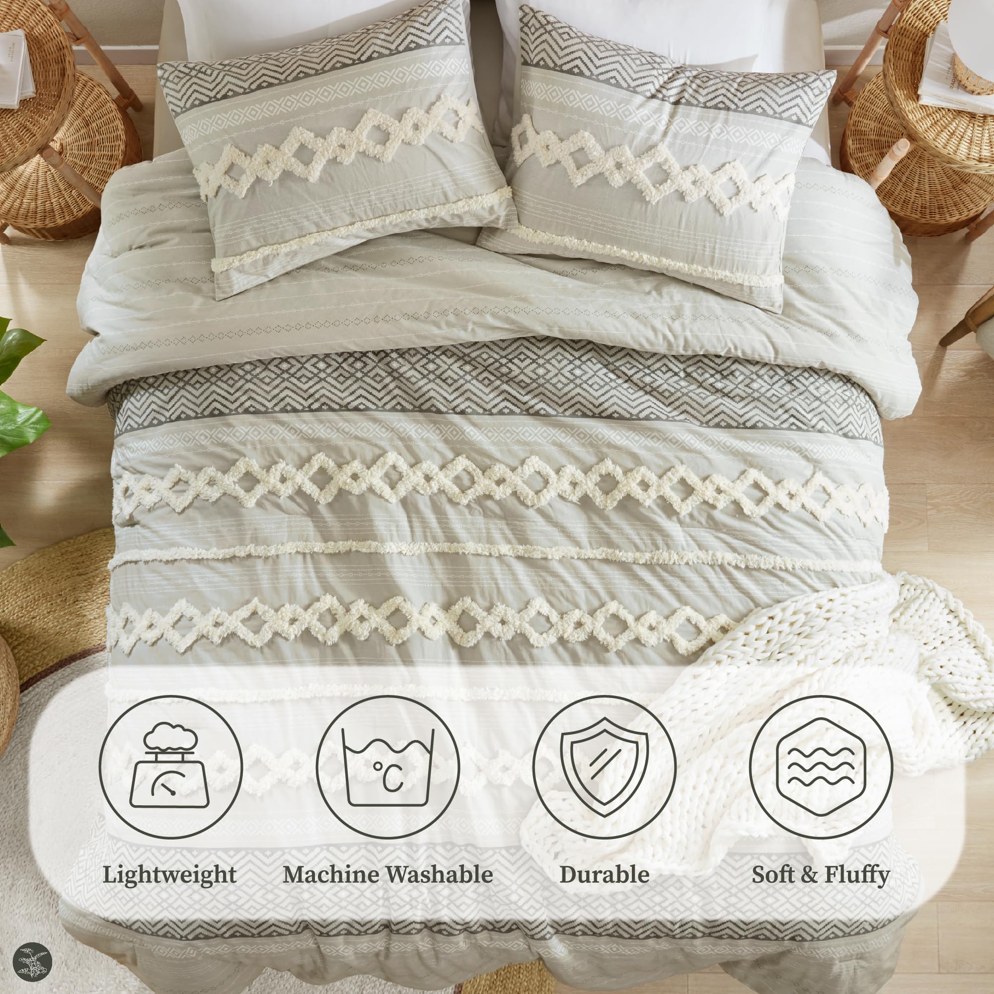 Hyde Lane Boho Gray Comforter Set King, Farmhouse Bedding Sets, Cotton Top with Modern Neutral Style Clipped Jacquard Stripes, 3-Pieces Including Matching Pillow Shams (104x90 Inches)