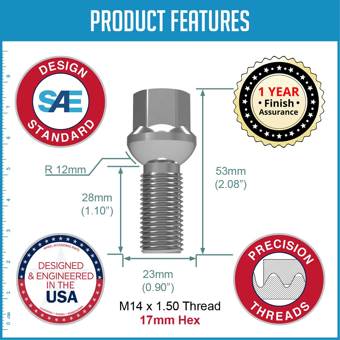 Wheel Accessories Parts 20 Pcs M14 x 1.5 Thread OE Style Large Ball Seat Lug Bolt 17mm Hex 28mm Thread Length Chrome Finish Fits Mecedes-Benz C-Class EQB-Class EQE-Class GLA-Class GLB-Class SL-Class