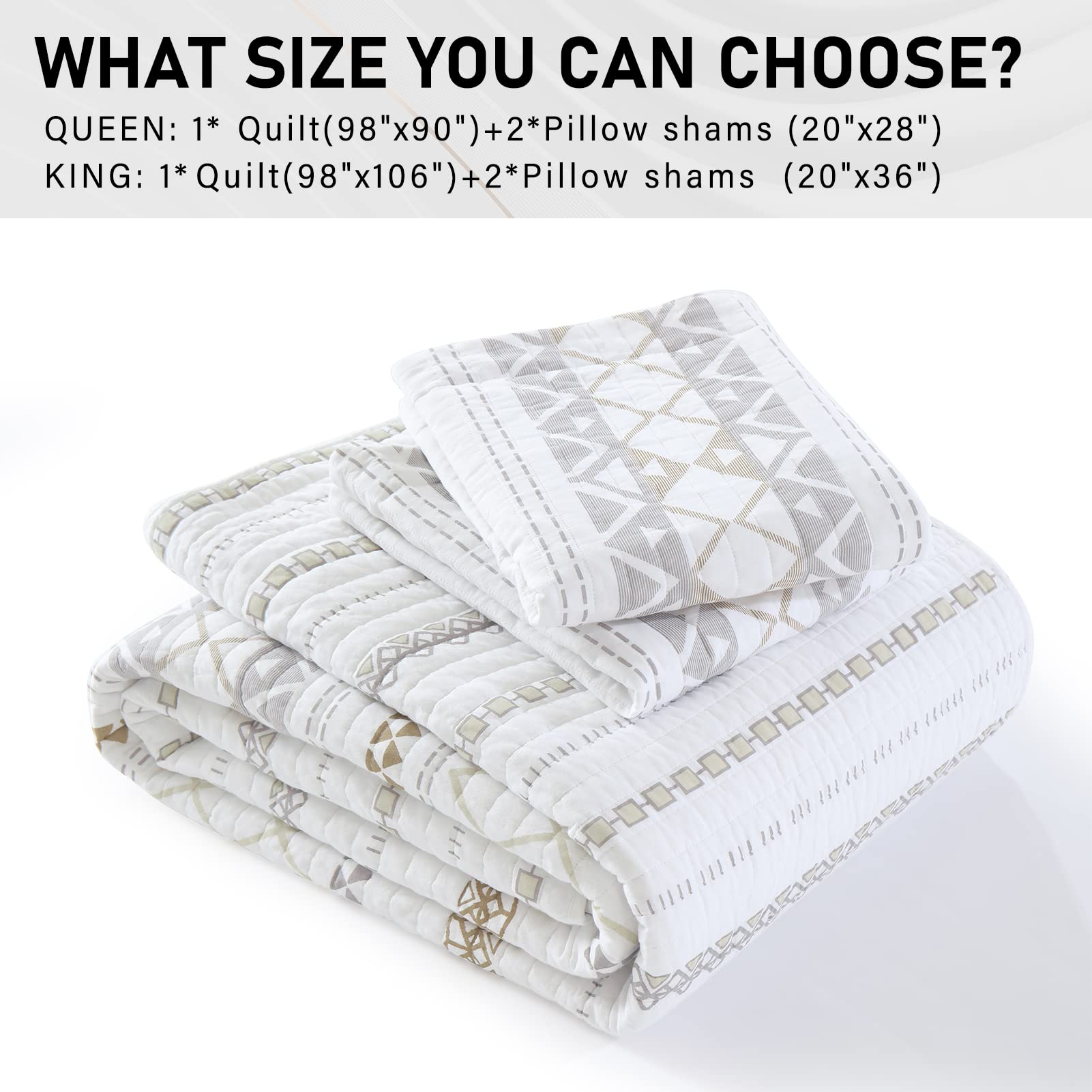 PERHOM 100% Cotton Quilt Queen Size - 3 Pieces Boho Striped Lightweight Soft Breathable Beige Gray White Bedding Set with 2 Shams, Bohemian Pattern Printed Bedspread/Coverlet/Comforter for All Season