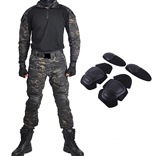 HAN·WILD Men's Military Uniform Tactical Suit Combat Shirts and Pants Airsoft Paintball Clothing with Knee Pads