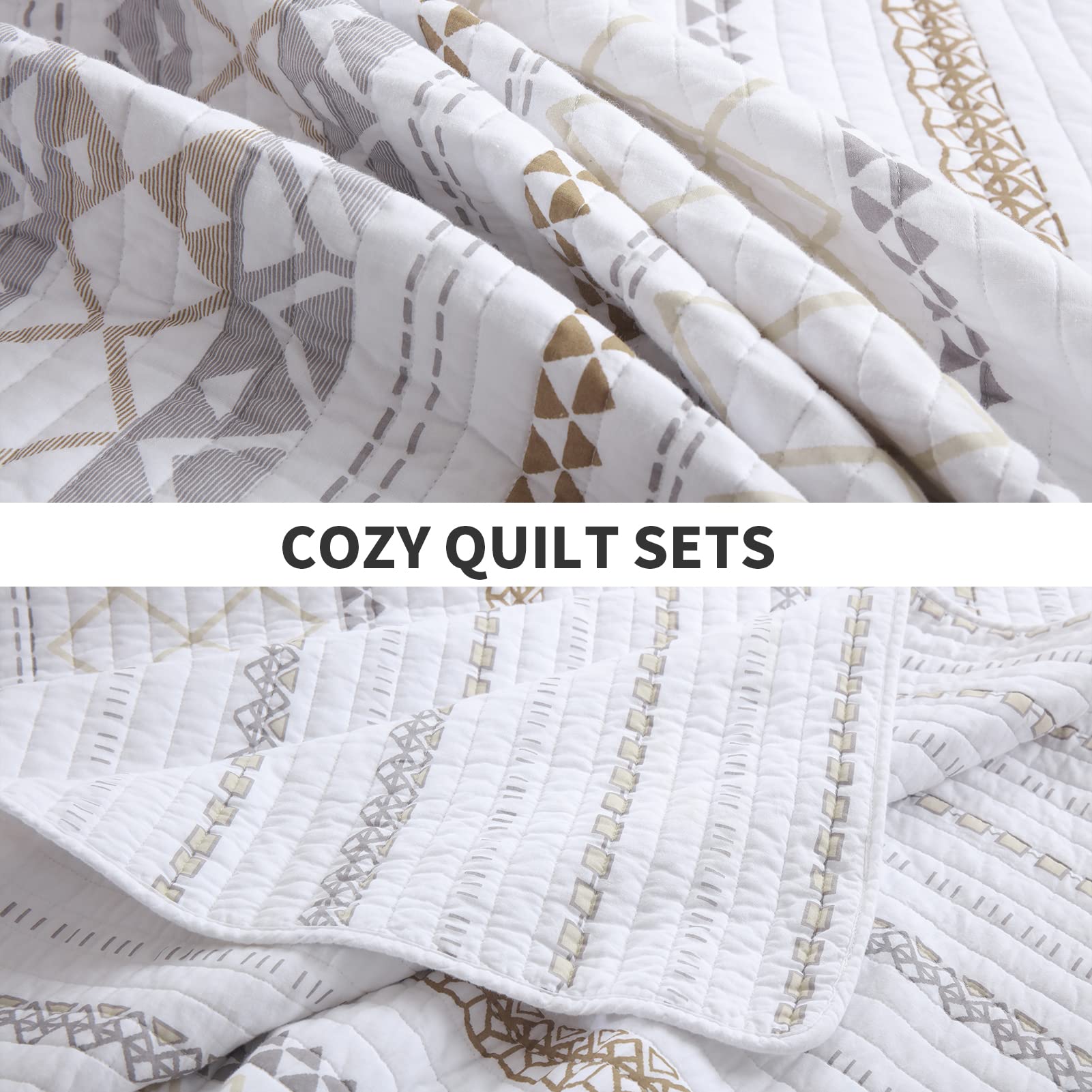 PERHOM 100% Cotton Quilt Queen Size - 3 Pieces Boho Striped Lightweight Soft Breathable Beige Gray White Bedding Set with 2 Shams, Bohemian Pattern Printed Bedspread/Coverlet/Comforter for All Season