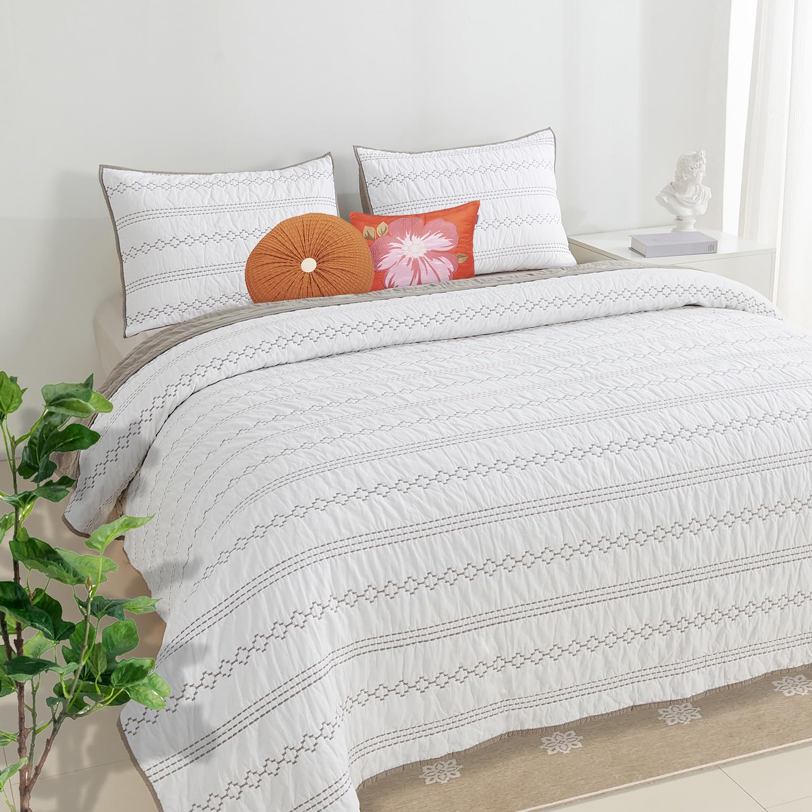 Querencia Cotton Quilt King Size - Embroidered Light Weight Quilt for Summer, Striped Quilt Cotton Coverlet, Quilted Comforter Set Gray Bedspread Farmhouse Bedding Cali, 3 Piece (Opal Grey & White)